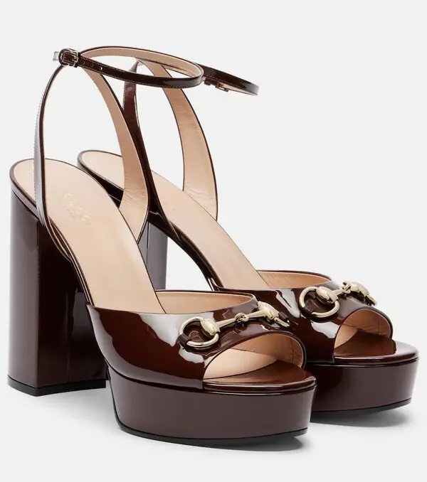 Gucci Lady Horsebit 85 Patent Leather Sandals - Brown