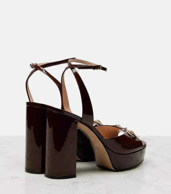 Gucci Lady Horsebit 85 Patent Leather Sandals - Brown