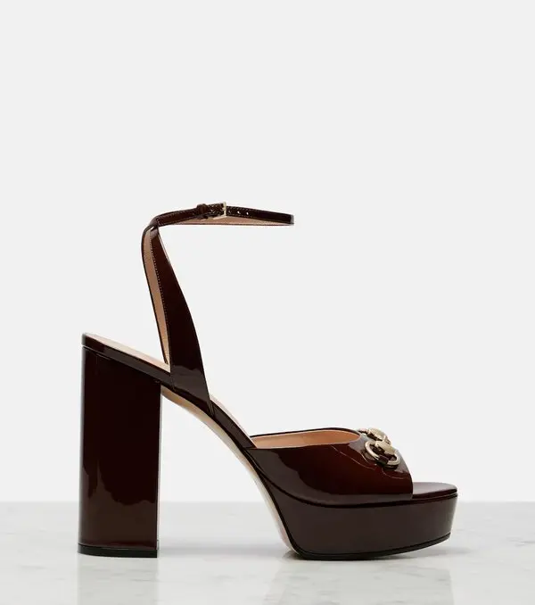 Gucci Lady Horsebit 85 Patent Leather Sandals - Brown