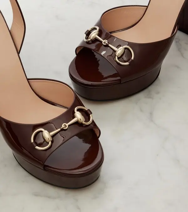 Gucci Lady Horsebit 85 Patent Leather Sandals - Brown