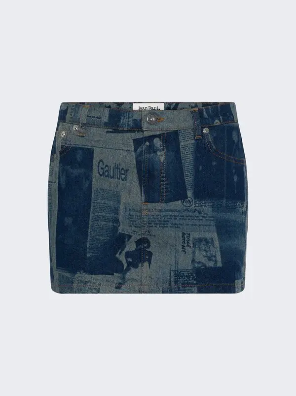 JEAN PAUL GAULTIER Denim Mini Skirt With Newspaper Print - Blue