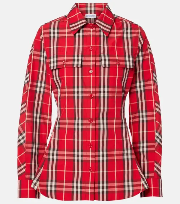 Burberry Check Peplum Cotton Shirt - Red