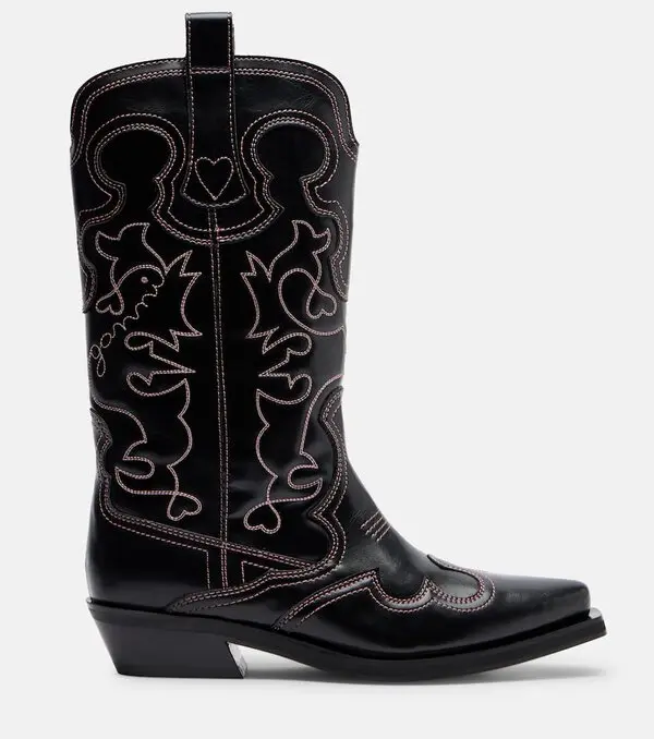 GANNI Mid Shaft Embroidered Cowboy Boots - Black