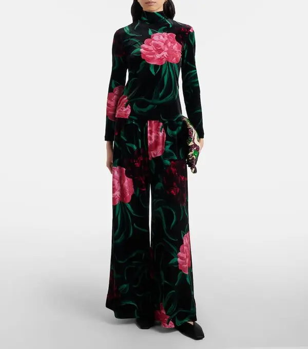 La DoubleJ Floral Velvet Palazzo Pants - Black