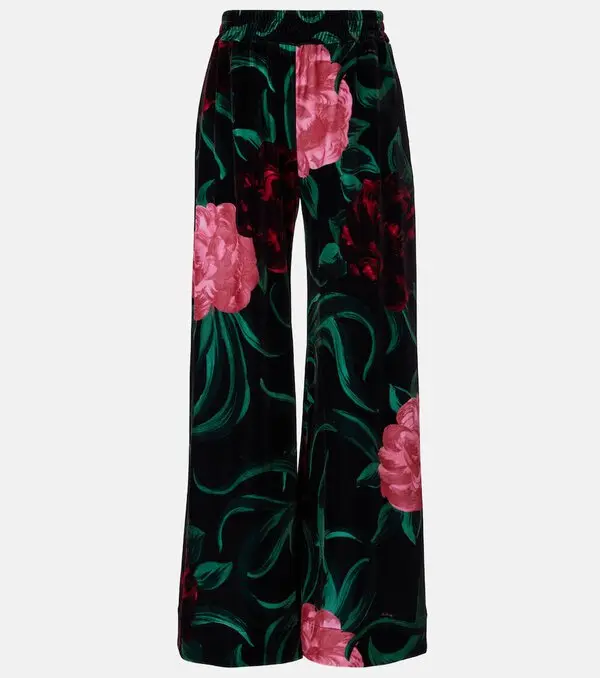 La DoubleJ Floral Velvet Palazzo Pants - Black