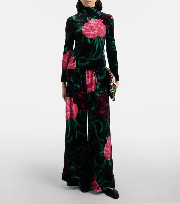 La DoubleJ Floral Velvet Palazzo Pants - Black