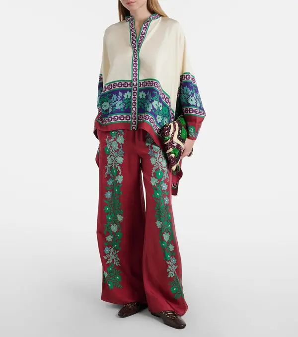 La DoubleJ Floral Silk Twill Palazzo Pants - Red