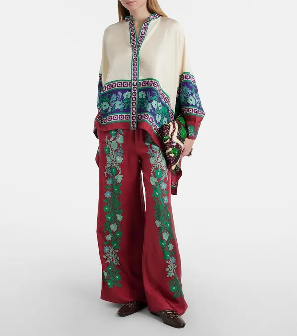 La DoubleJ Floral Silk Twill Palazzo Pants - Red