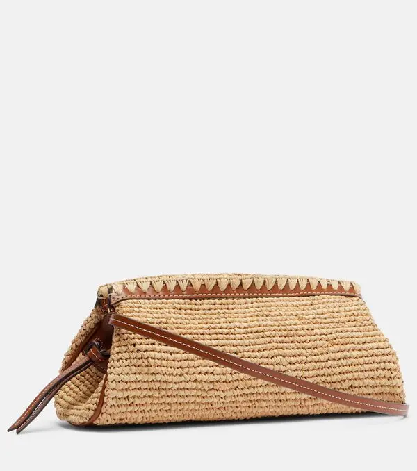 Staud Leather-trimmed Raffia Clutch