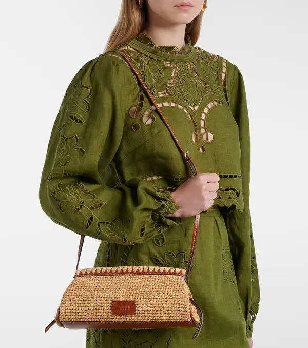 Staud Leather-trimmed Raffia Clutch