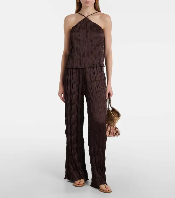 Staud Akari Plissé Halterneck Top - Brown