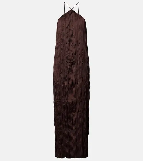 Staud Akari Plissé Halterneck Maxi Dress - Brown