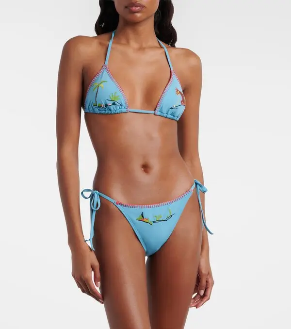 Staud Sisley Embroidered Bikini Bottom - Blue