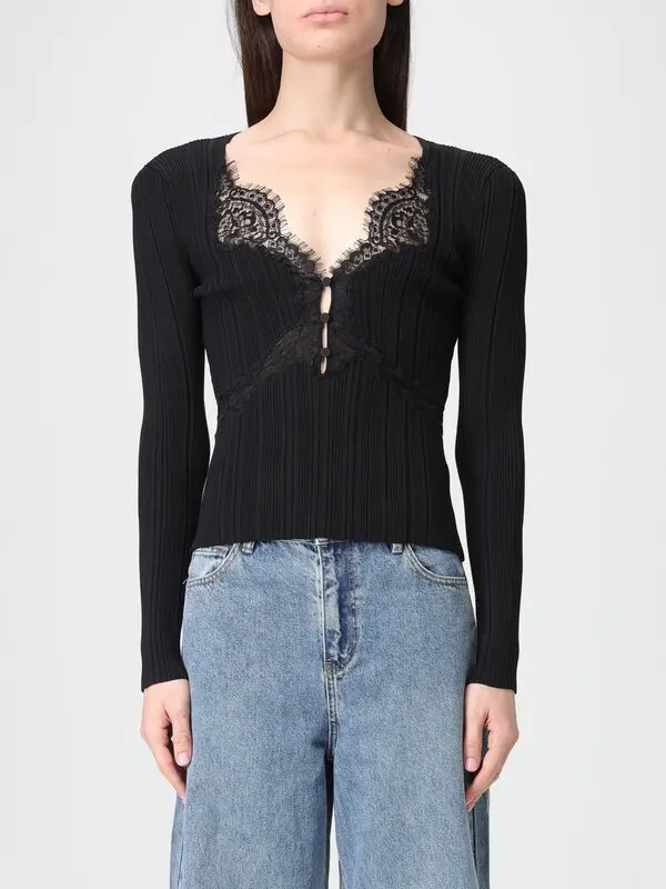 SELF-PORTRAIT Lace Trimmed Ribbed Knit Top - Black