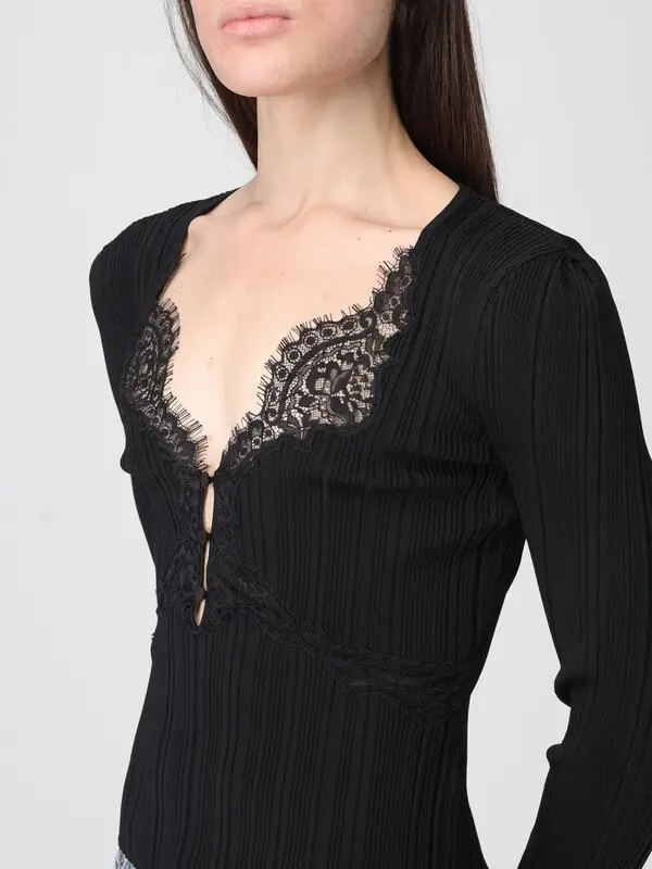 SELF-PORTRAIT Lace Trimmed Ribbed Knit Top - Black