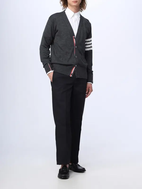 Thom Browne V-neck Wool Cardigan With Signature Stripes - Grey