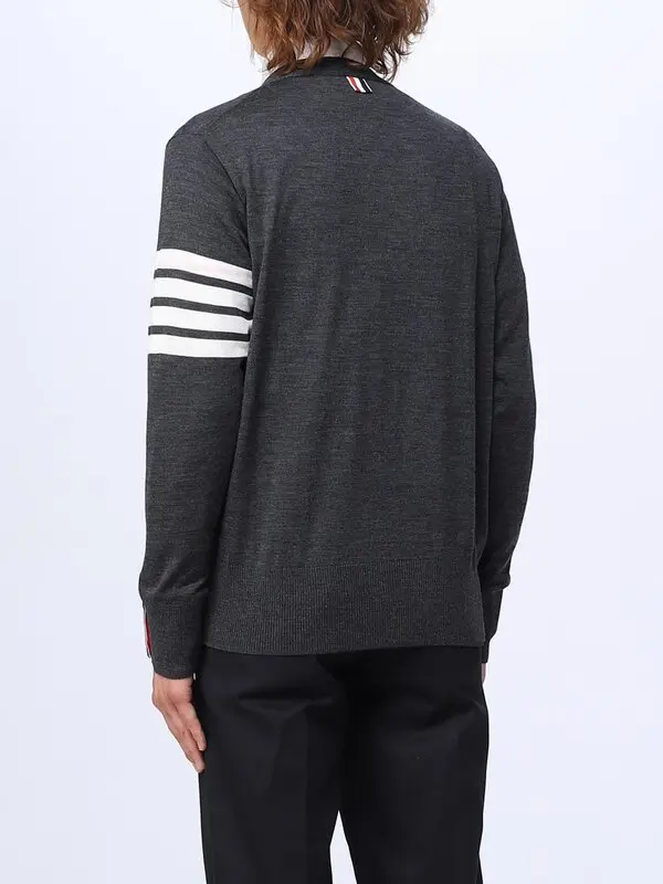 Thom Browne V-neck Wool Cardigan With Signature Stripes - Grey