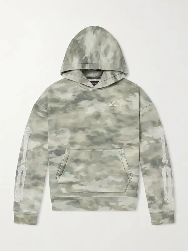 Amiri Logo-embroidered Appliquéd Camouflage-print Cotton-jersey Hoodie - Green