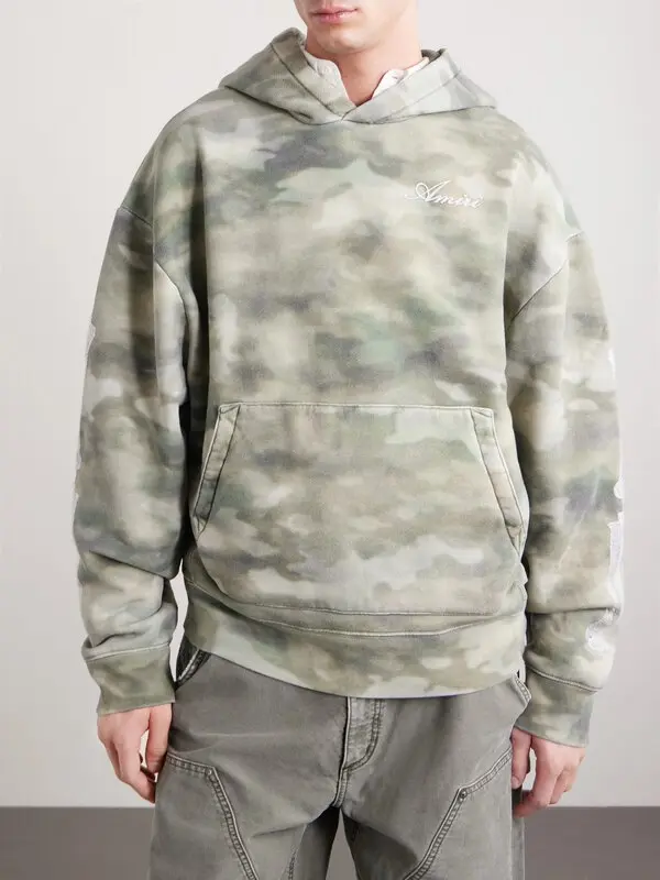 Amiri Logo-embroidered Appliquéd Camouflage-print Cotton-jersey Hoodie - Green