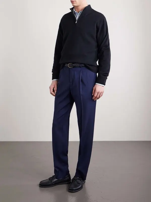 Sunspel Tapered Pleated Virgin Wool-twill Trousers - Navy