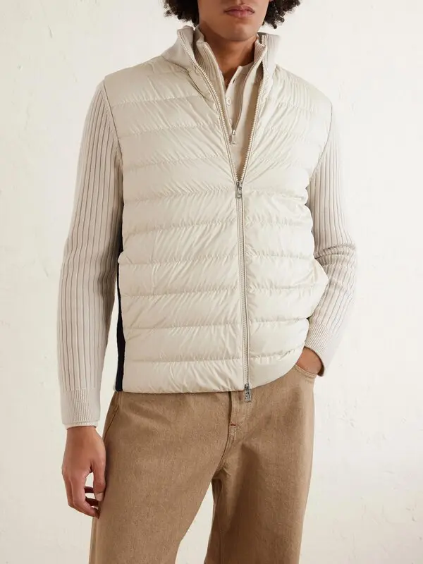Moncler Shell-trimmed Ribbed Wool Down Zip-up Cardigan