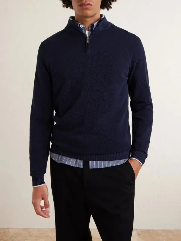 Fedeli Cotton-piqué Half-zip Sweater - Blue