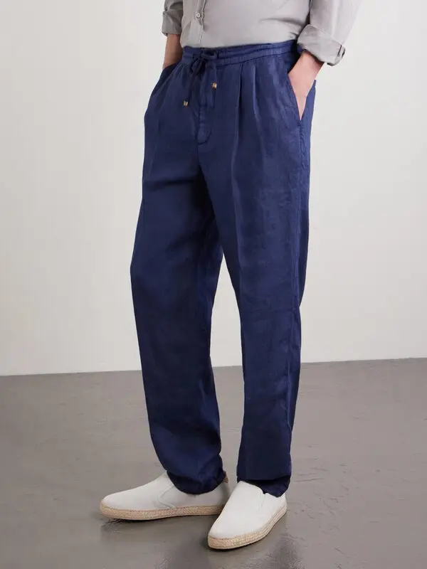 Brunello Cucinelli Tapered Pleated Linen-twill Drawstring Trousers - Blue