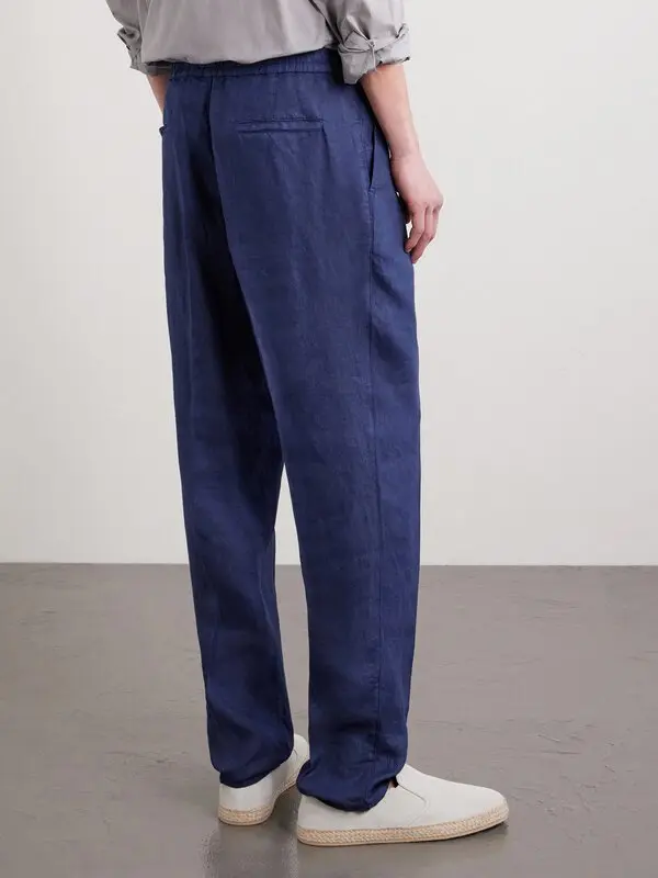 Brunello Cucinelli Tapered Pleated Linen-twill Drawstring Trousers - Blue