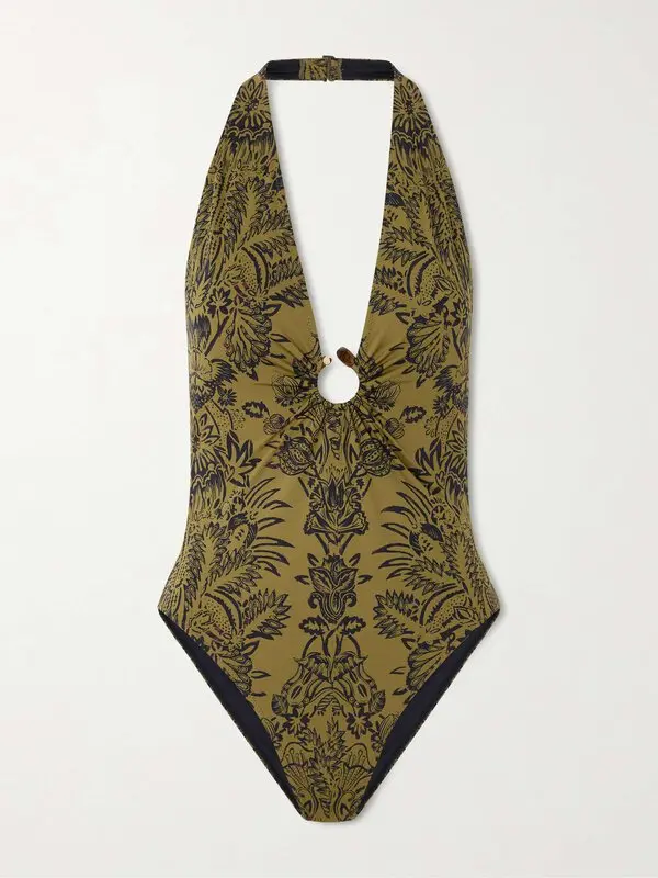Ulla Johnson Milos Embellished Printed Swimsuit - Dark Green