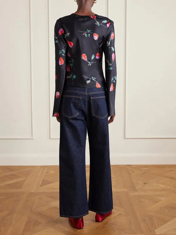 GANNI Draped Floral-print Satin Top