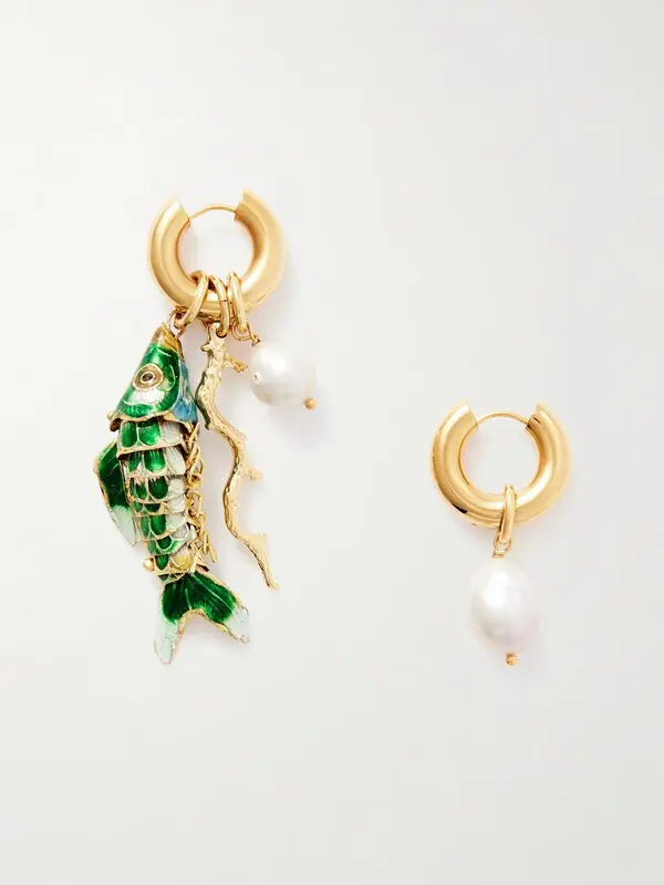 MARTHA CALVO Barrier Gold-plated, Enamel And Pearl Hoop Earrings - Green