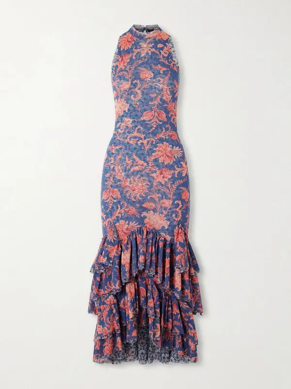 Etro Ruffled Paisley-print Tulle Midi Dress - Blue