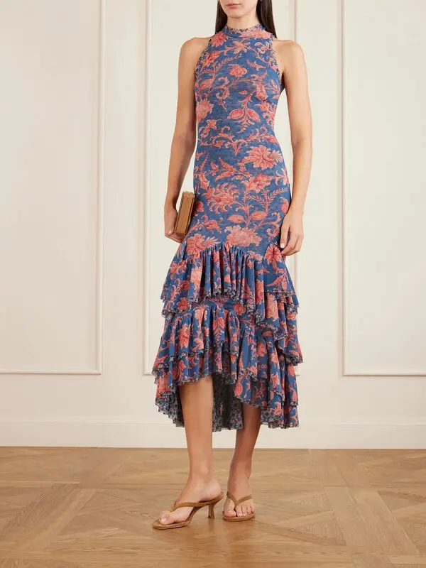 Etro Ruffled Paisley-print Tulle Midi Dress - Blue