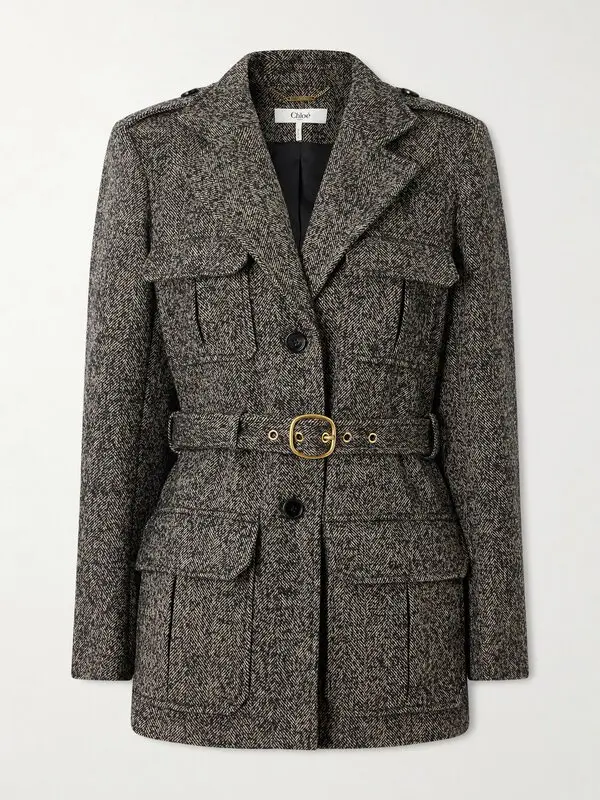 Chloé Belted Herringbone Wool-blend Jacket - Brown