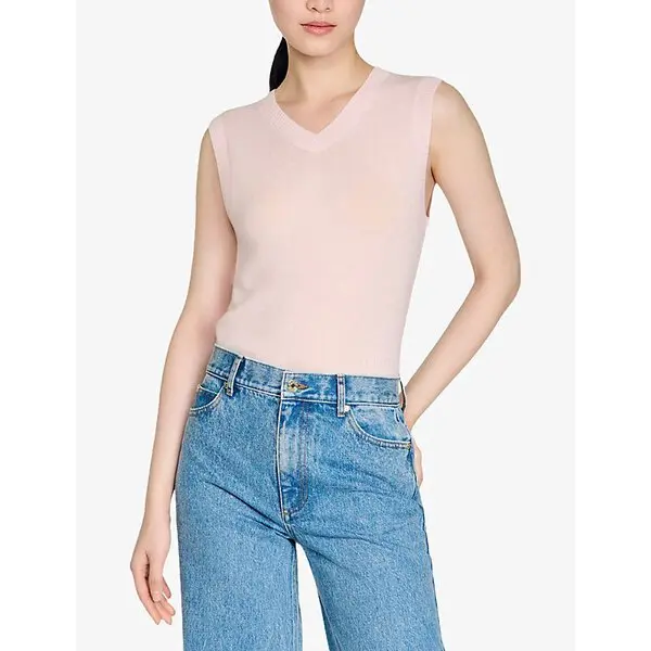 Sandro Logo-embroidered Wool And Cashmere-blend Vest Top - Light Pink