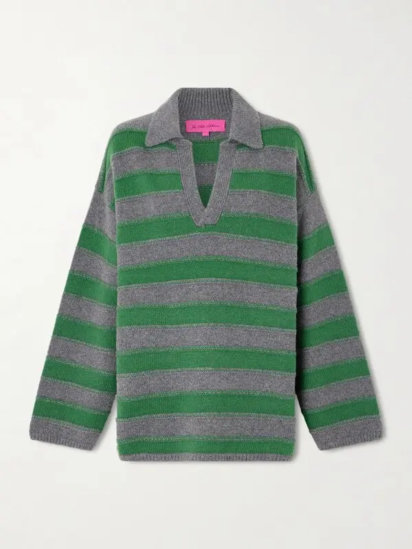 THE ELDER STATESMAN Dume Striped Cashmere Polo Sweater - Green