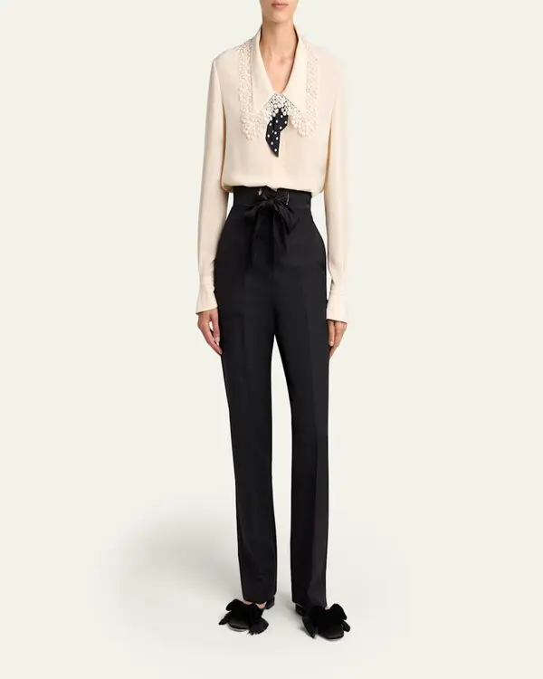 Valentino Garavani Lace-trim Silk Blouse With Polkadot Tie