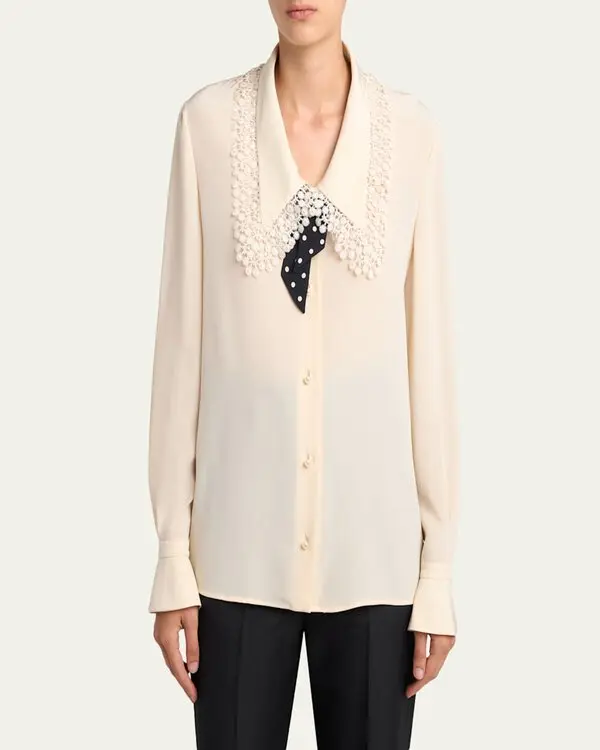 Valentino Garavani Lace-trim Silk Blouse With Polkadot Tie