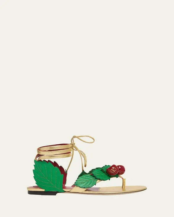 Valentino Garavani Vlogo Cherry Leather Thong Sandals - Antique Brass