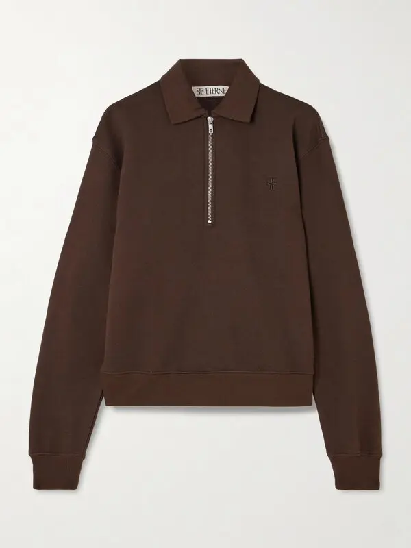 Eterne Embroidered Cotton-blend Terry Half-zip Sweatshirt - Brown