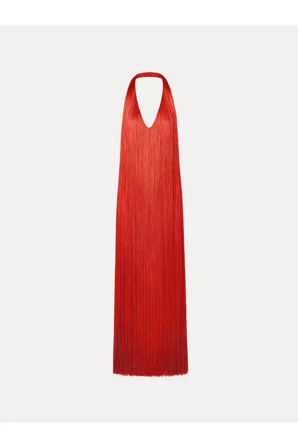 Oscar De La Renta Ombré Silk Fringe Gown - Red