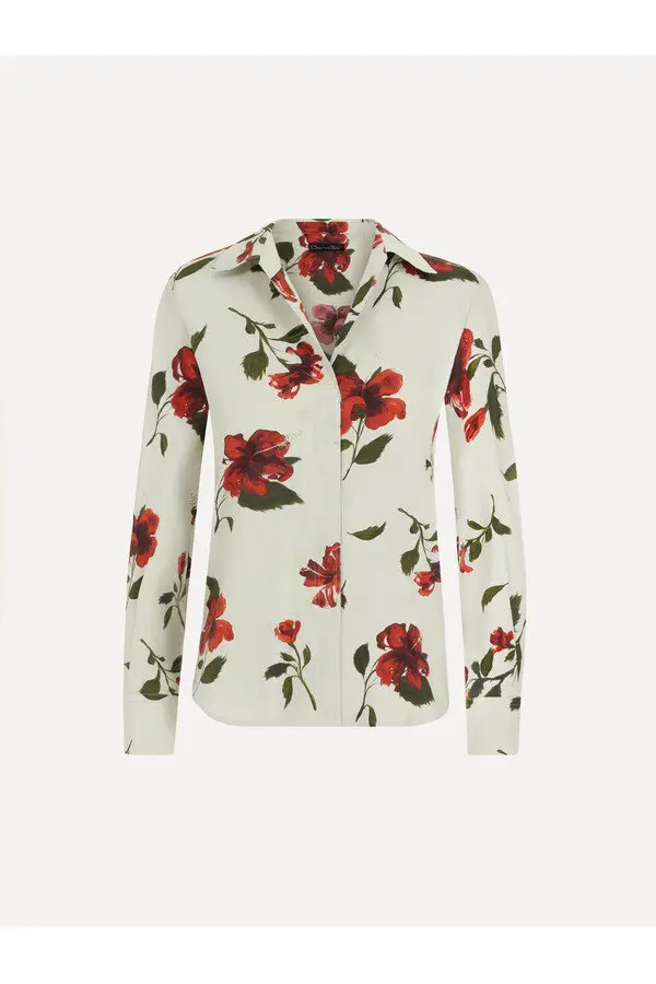 Oscar De La Renta Hibiscus Cotton Poplin Blouse - Red