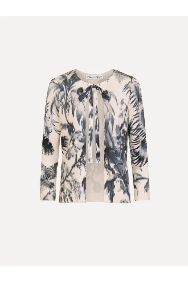 Oscar De La Renta Chiné Palm Leaves Ribbed Knit Cardigan - Natural