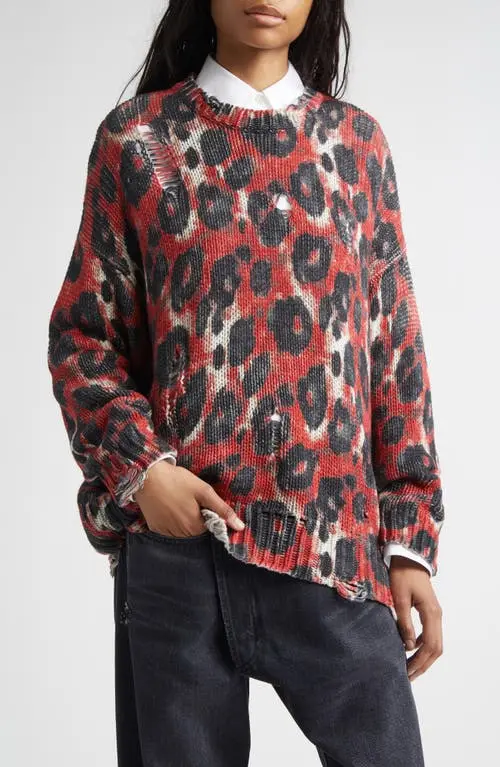 R13 Leopard Print Distressed Sweater - Red/black Leopard