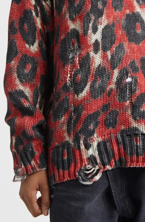 R13 Leopard Print Distressed Sweater - Red/black Leopard