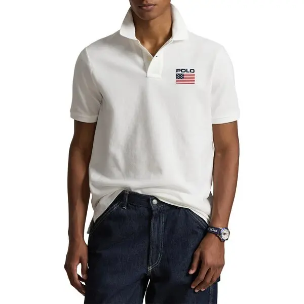 Polo Ralph Lauren Classic Fit Flag Embroidered Piqué Polo - White