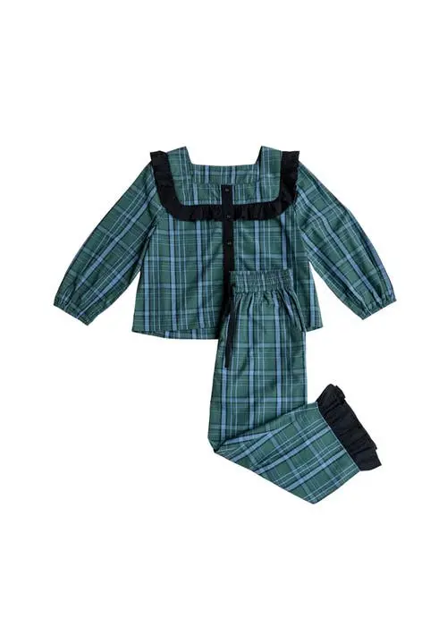 TBCO Cotton Cropped Leg Ruffle Pajamas - Green Tartan