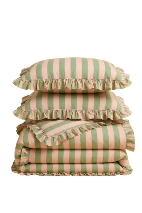 TBCO Cotton Ruffle Bedding Set - Green Stripe