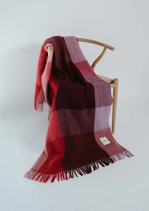 TBCO Recycled Wool Waffle Throw Blanket - Burgundy Waffle Block Check