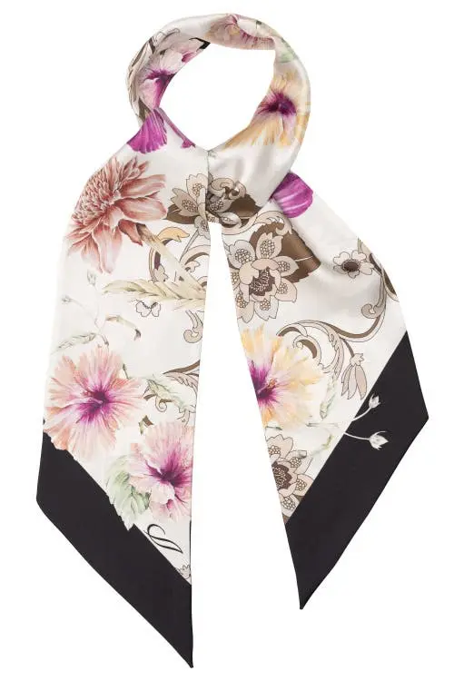 ELIZABETTA Floral Print Skinny Silk Scarf - Cream